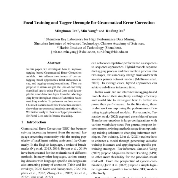 Focal Training and Tagger Decouple for Grammatical Error Correction - ACL Anthology