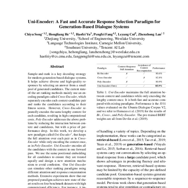Uni-Encoder: A Fast and Accurate Response Selection Paradigm for Generation-Based Dialogue ...