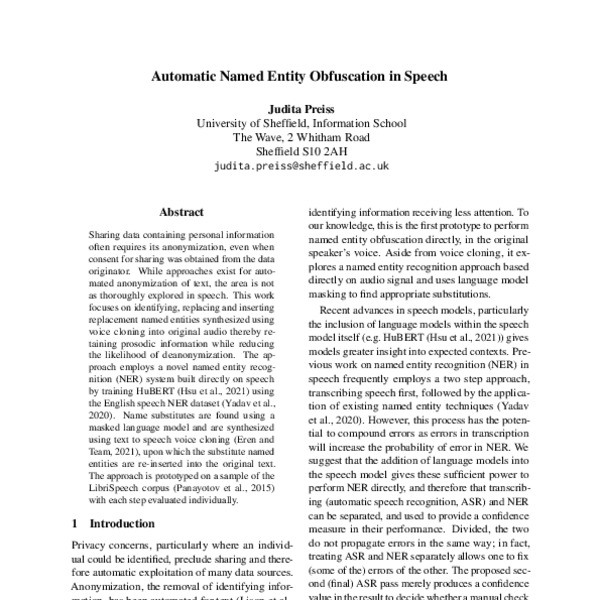 Automatic Named Entity Obfuscation in Speech - ACL Anthology