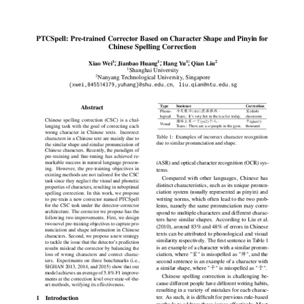 PTCSpell: Pre-trained Corrector Based on Character Shape and Pinyin for Chinese Spelling ...