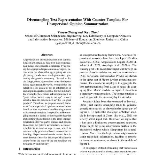 Disentangling Text Representation With Counter-Template For Unsupervised Opinion Summarization ...