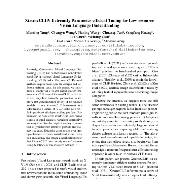 XtremeCLIP: Extremely Parameter-efficient Tuning for Low-resource Vision Language Understanding ...