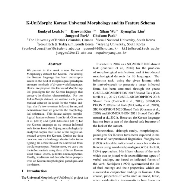 K-UniMorph: Korean Universal Morphology and its Feature Schema - ACL Anthology