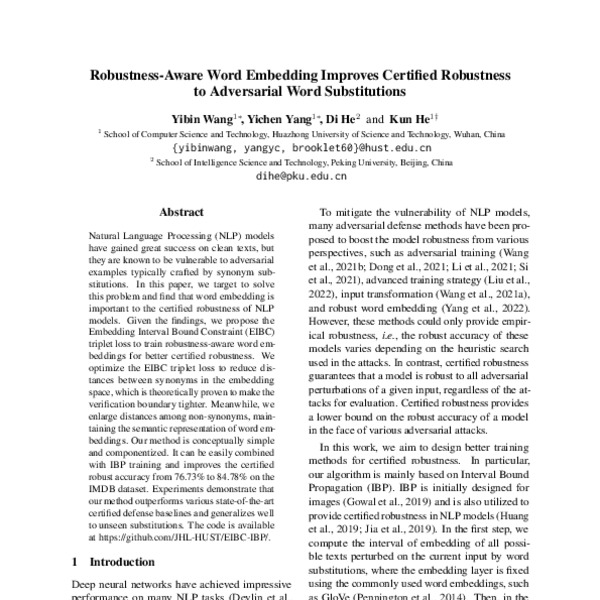 Robustness-Aware Word Embedding Improves Certified Robustness to Adversarial Word Substitutions ...