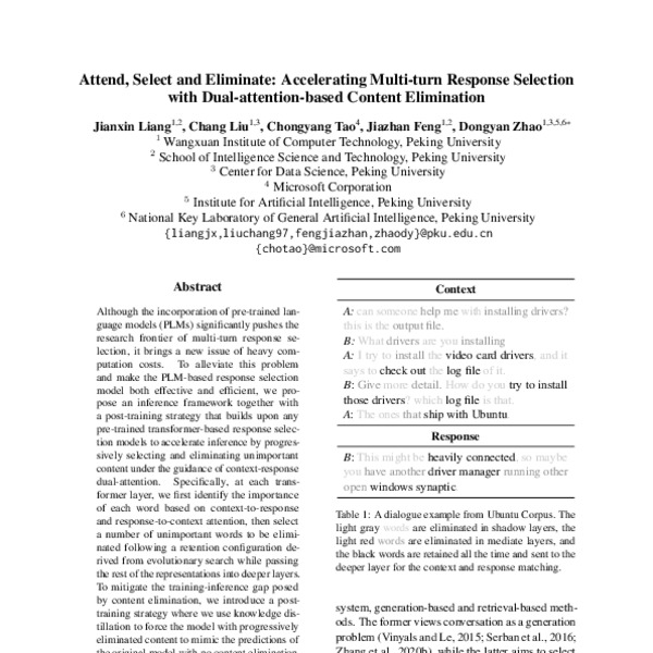 Attend, Select and Eliminate: Accelerating Multi-turn Response Selection with Dual-attention ...