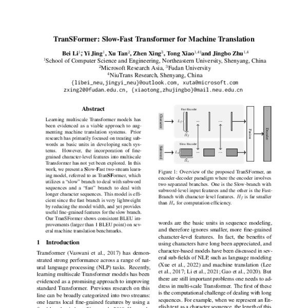 TranSFormer: Slow-Fast Transformer for Machine Translation - ACL Anthology