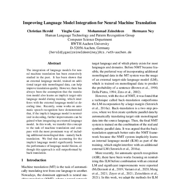 Improving Language Model Integration for Neural Machine Translation - ACL Anthology