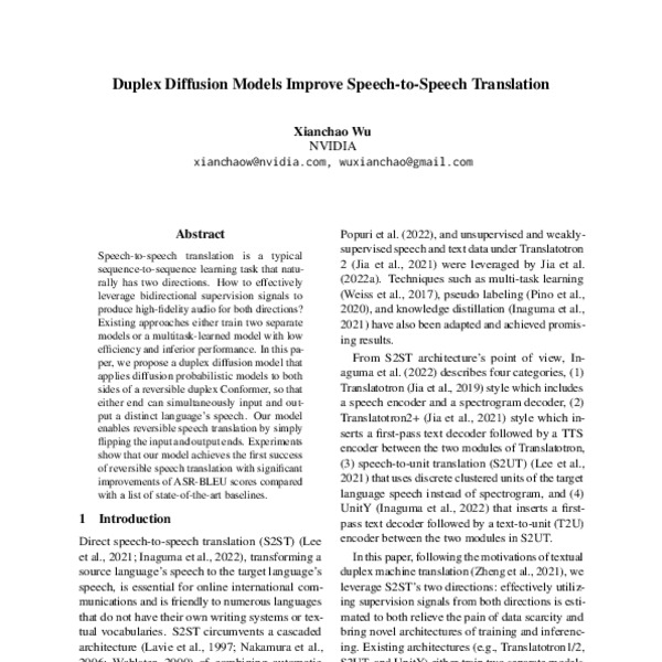 Duplex Diffusion Models Improve Speech-to-Speech Translation - ACL Anthology