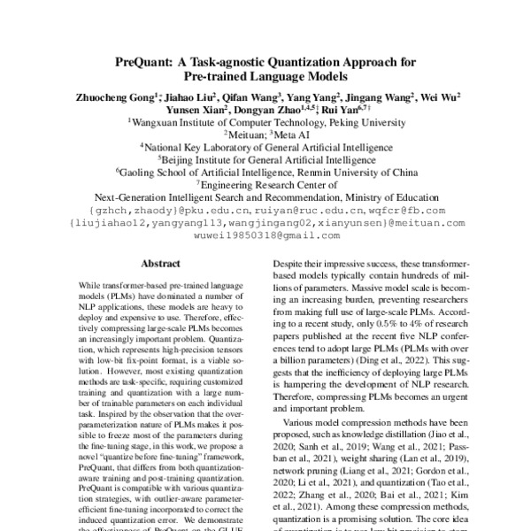 PreQuant: A Task-agnostic Quantization Approach for Pre-trained Language Models - ACL Anthology