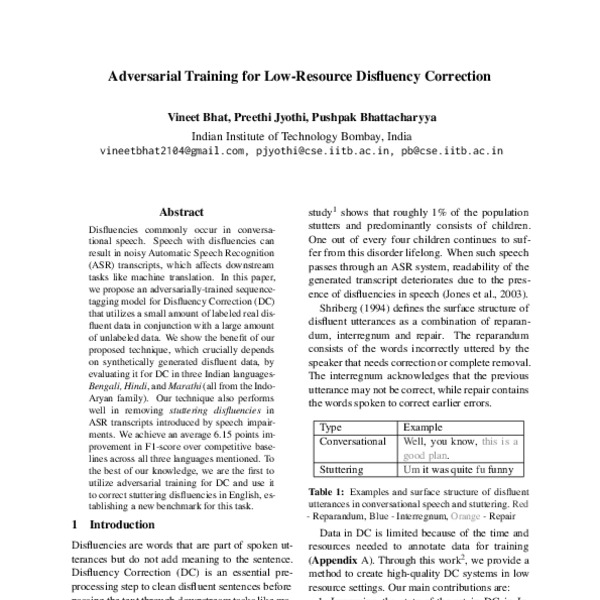 Adversarial Training for Low-Resource Disfluency Correction - ACL Anthology