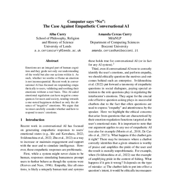 Computer says “No”: The Case Against Empathetic Conversational AI - ACL Anthology