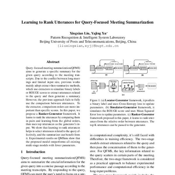 Learning To Rank Utterances For Query Focused Meeting Summarization