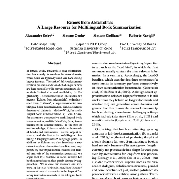 Echoes from Alexandria: A Large Resource for Multilingual Book Summarization - ACL Anthology