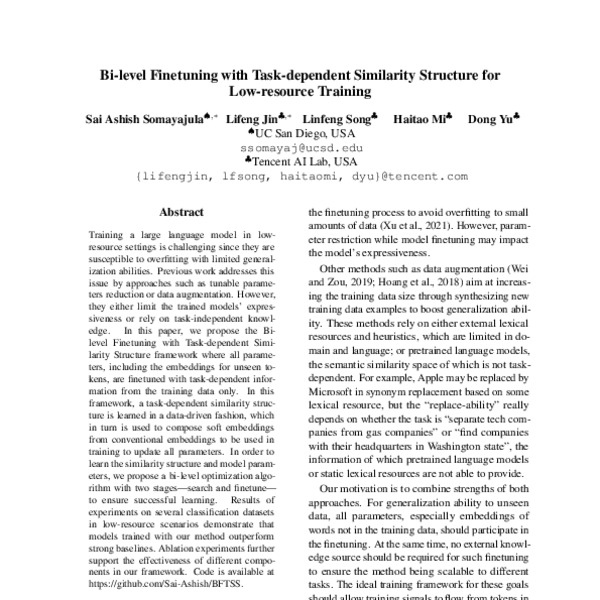 Bi-level Finetuning with Task-dependent Similarity Structure for Low-resource Training - ACL ...