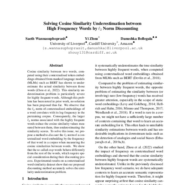 Solving Cosine Similarity Underestimation between High Frequency Words by ℓ2 Norm Discounting ...