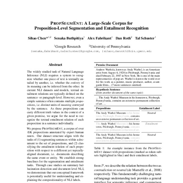 Propsegment A Large Scale Corpus For Proposition Level Segmentation And Entailment Recognition