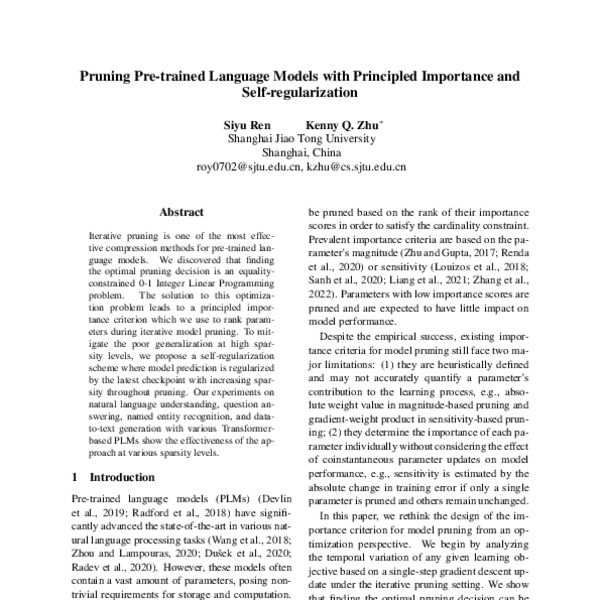 Pruning Pre-trained Language Models with Principled Importance and Self-regularization - ACL ...
