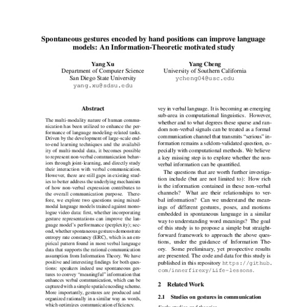 Spontaneous gestures encoded by hand positions improve language models: An Information-Theoretic ...