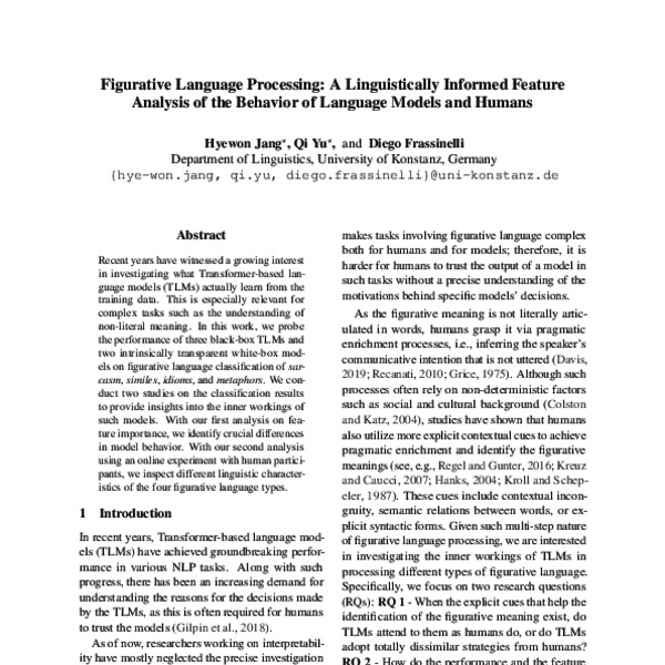 Figurative Language Processing: A Linguistically Informed Feature Analysis of the Behavior of ...