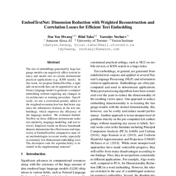EmbedTextNet: Dimension Reduction with Weighted Reconstruction and Correlation Losses for ...