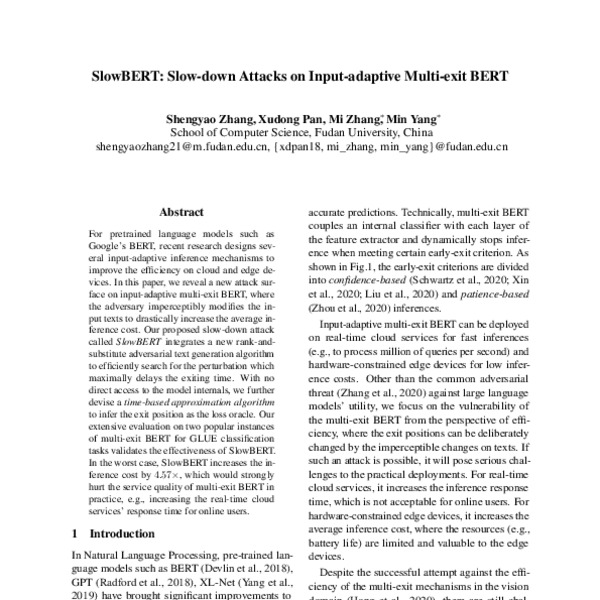 Slowbert Slow Down Attacks On Input Adaptive Multi Exit Bert Acl Anthology