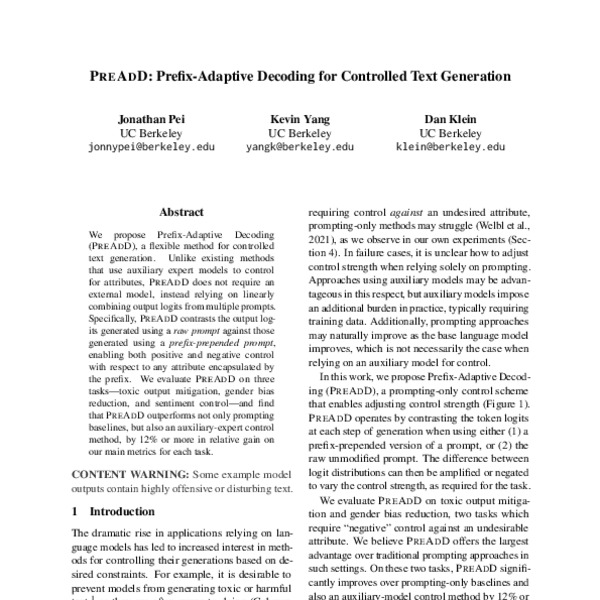 PREADD: Prefix-Adaptive Decoding for Controlled Text Generation - ACL Anthology