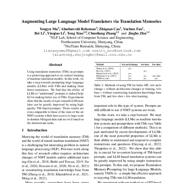 Augmenting Large Language Model Translators via Translation Memories - ACL Anthology