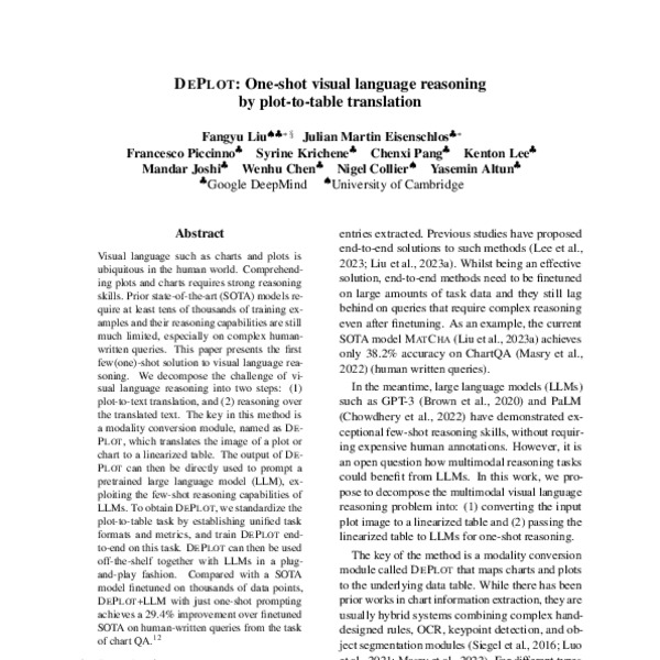 DePlot: One-shot visual language reasoning by plot-to-table translation - ACL Anthology