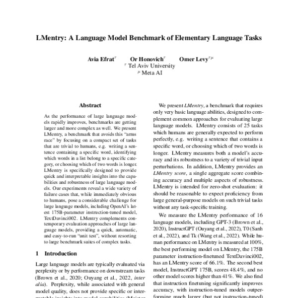 LMentry: A Language Model Benchmark of Elementary Language Tasks - ACL ...