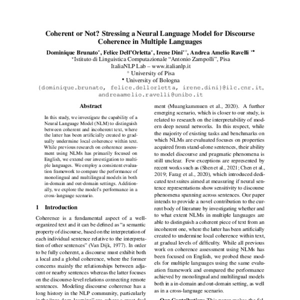 Coherent Or Not Stressing A Neural Language Model For Discourse Coherence In Multiple Languages