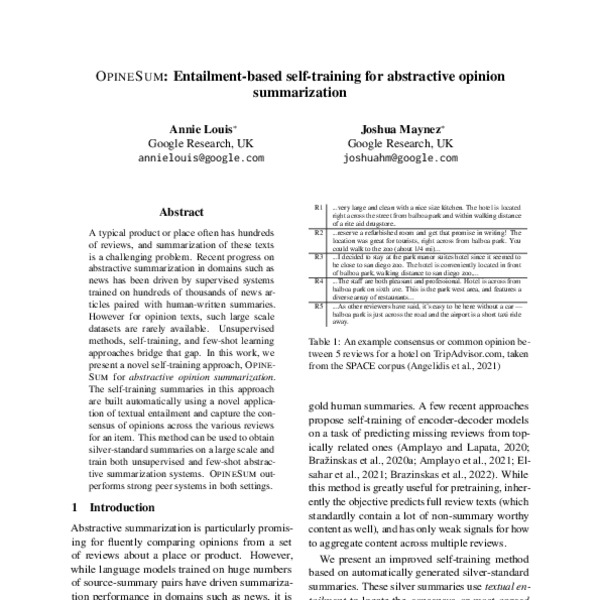 OpineSum: Entailment-based self-training for abstractive opinion ...