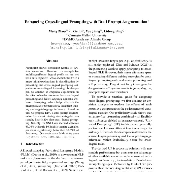 Enhancing Cross-lingual Prompting with Dual Prompt Augmentation - ACL Anthology