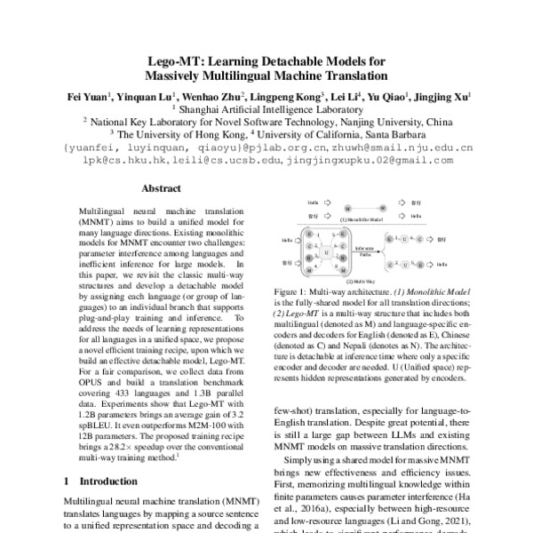 Lego-MT: Learning Detachable Models for Massively Multilingual Machine Translation - ACL Anthology