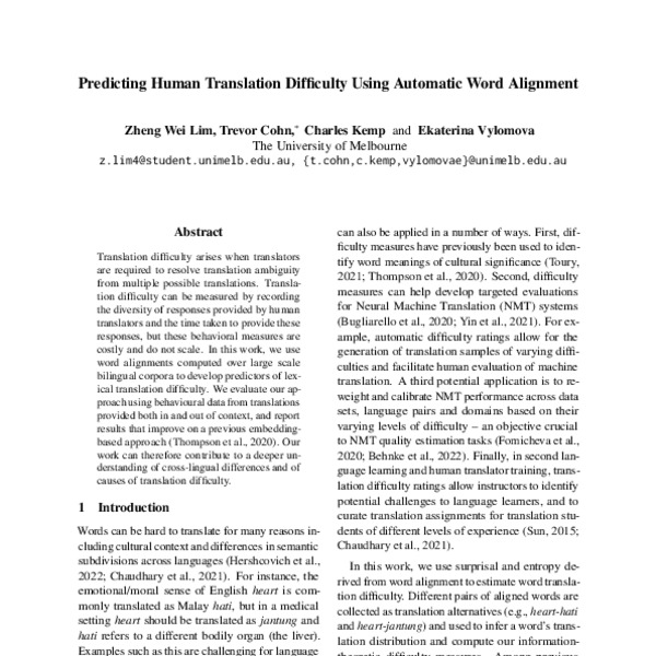 Predicting Human Translation Difficulty Using Automatic Word Alignment Acl Anthology