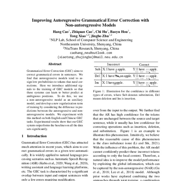 Improving Autoregressive Grammatical Error Correction with Non-autoregressive Models - ACL Anthology