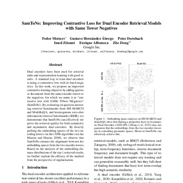 SamToNe: Improving Contrastive Loss for Dual Encoder Retrieval Models with Same Tower Negatives ...
