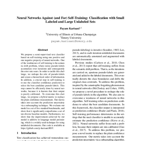 Neural Networks Against And For Self Training Classification With Small Labeled And Large