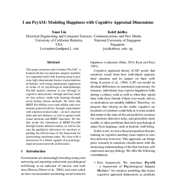 I am PsyAM: Modeling Happiness with Cognitive Appraisal Dimensions ...