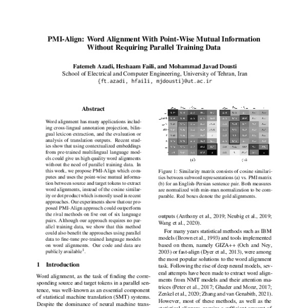 PMI-Align: Word Alignment With Point-Wise Mutual Information Without Requiring Parallel Training ...