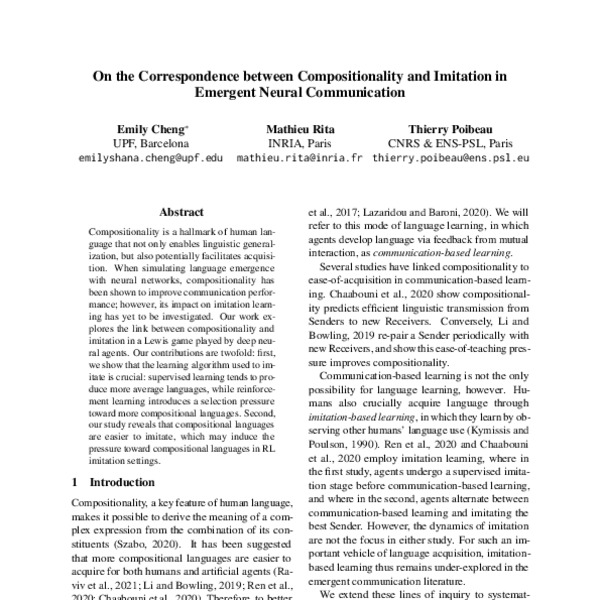 On the Correspondence between Compositionality and Imitation in Emergent Neural Communication ...
