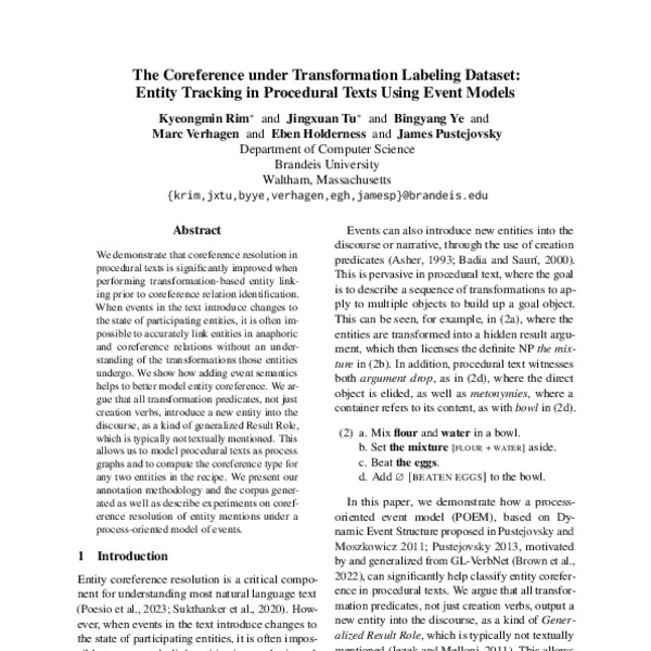 The Coreference Under Transformation Labeling Dataset Entity Tracking In Procedural Texts Using