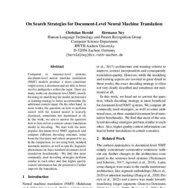 On Search Strategies for Document-Level Neural Machine Translation - ACL Anthology