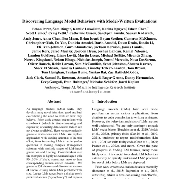 Discovering Language Model Behaviors with Model-Written Evaluations - ACL Anthology