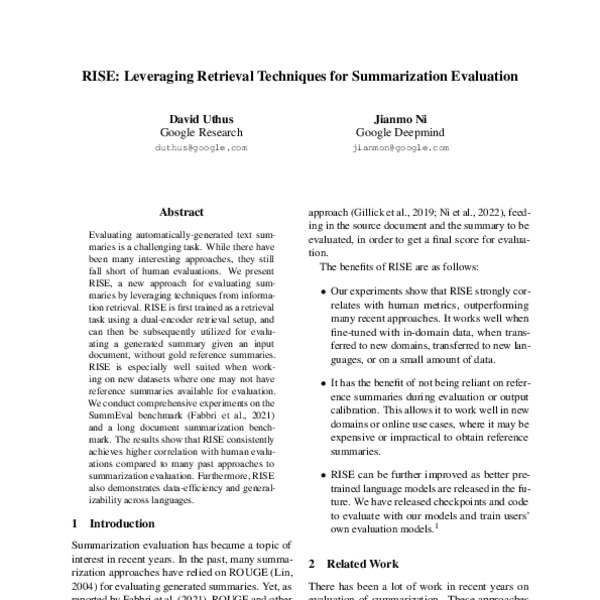 Rise Leveraging Retrieval Techniques For Summarization Evaluation Acl Anthology