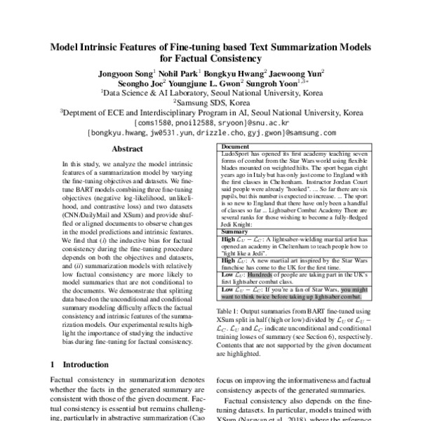 Model Intrinsic Features of Fine-tuning based Text Summarization Models for Factual Consistency ...