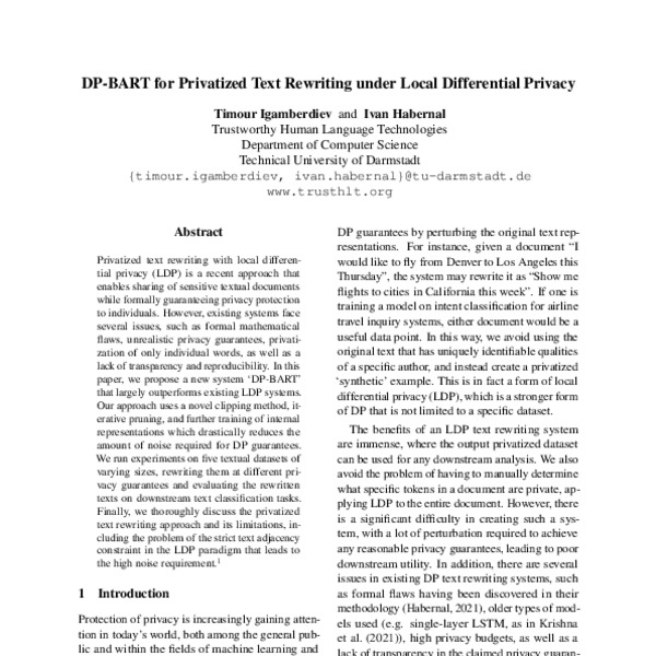 DP-BART for Privatized Text Rewriting under Local Differential Privacy - ACL Anthology