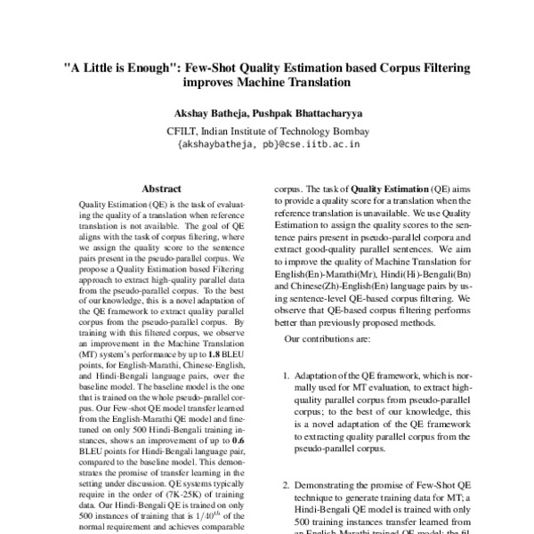 “A Little is Enough”: Few-Shot Quality Estimation based Corpus Filtering improves Machine ...