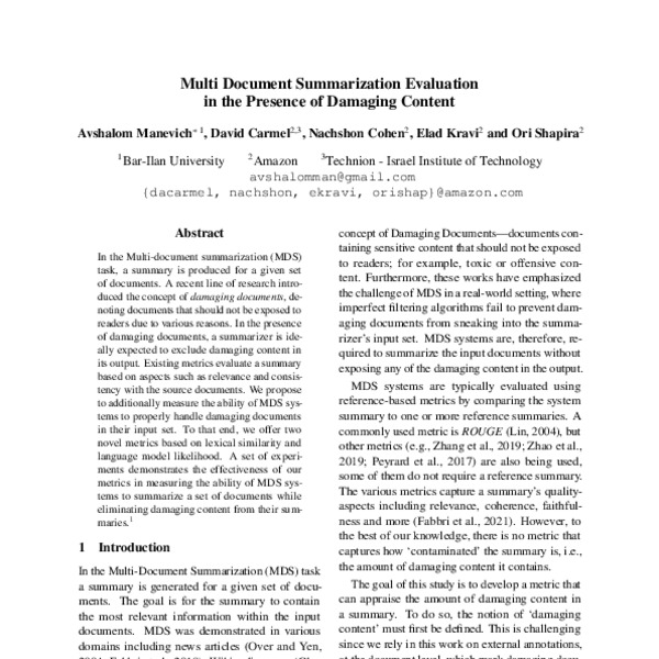 Multi Document Summarization Evaluation in the Presence of Damaging Content - ACL Anthology