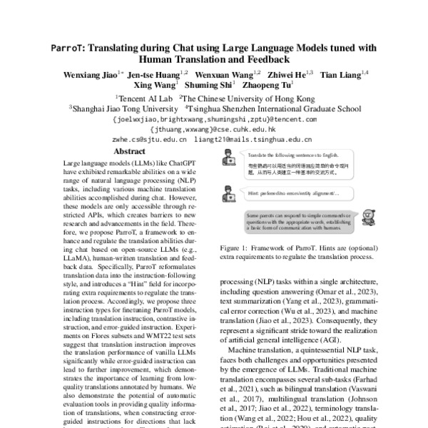 ParroT: Translating during Chat using Large Language Models tuned with Human Translation and ...