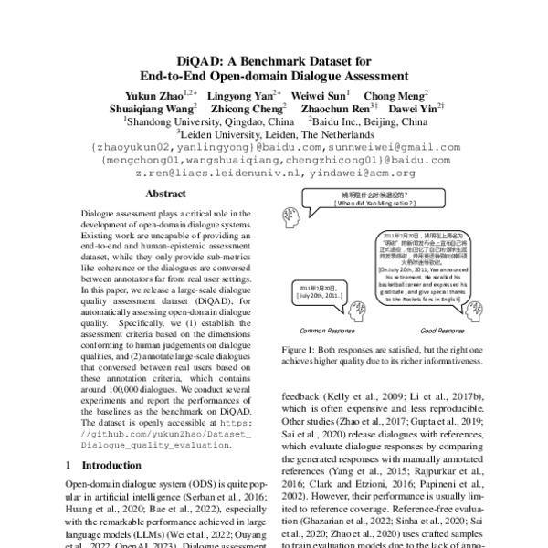 DiQAD: A Benchmark Dataset for Open-domain Dialogue Quality Assessment - ACL Anthology